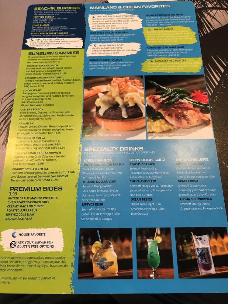 Menu at RipTydz pub & bar, Myrtle Beach, North Ocean Blvd