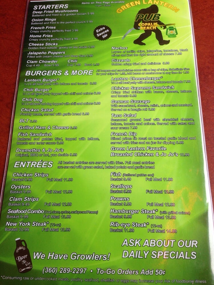 Online Menu of Green Lantern Tavern Restaurant, Copalis Beach ...