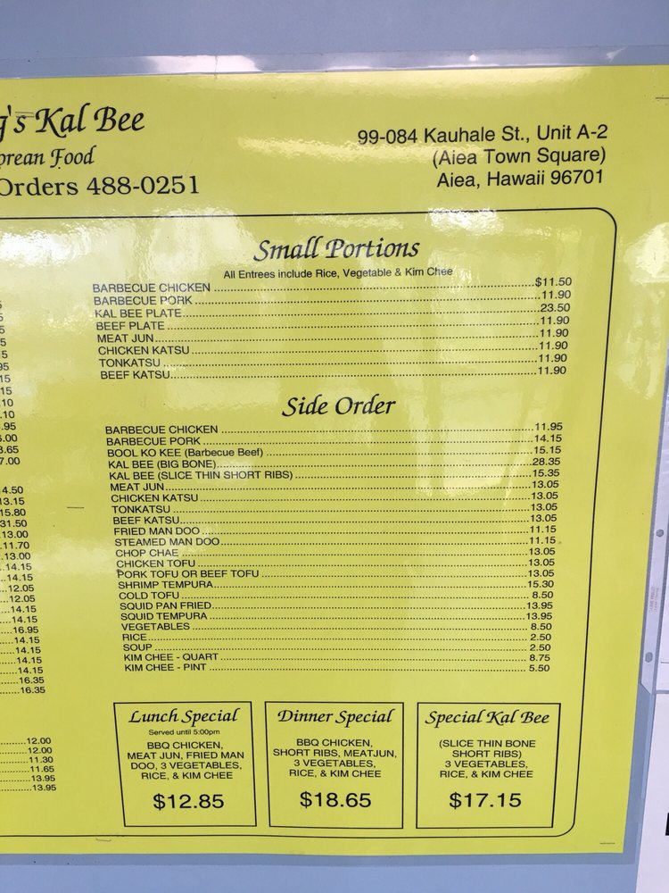Online Menu of Youngs Kalbee Restaurant, Aiea, Hawaii, 96701 - Zmenu