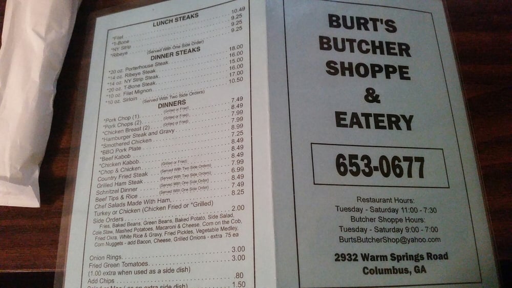 Online Menu of Burts Butcher Shop Restaurant, Columbus, Georgia, 31909 ...