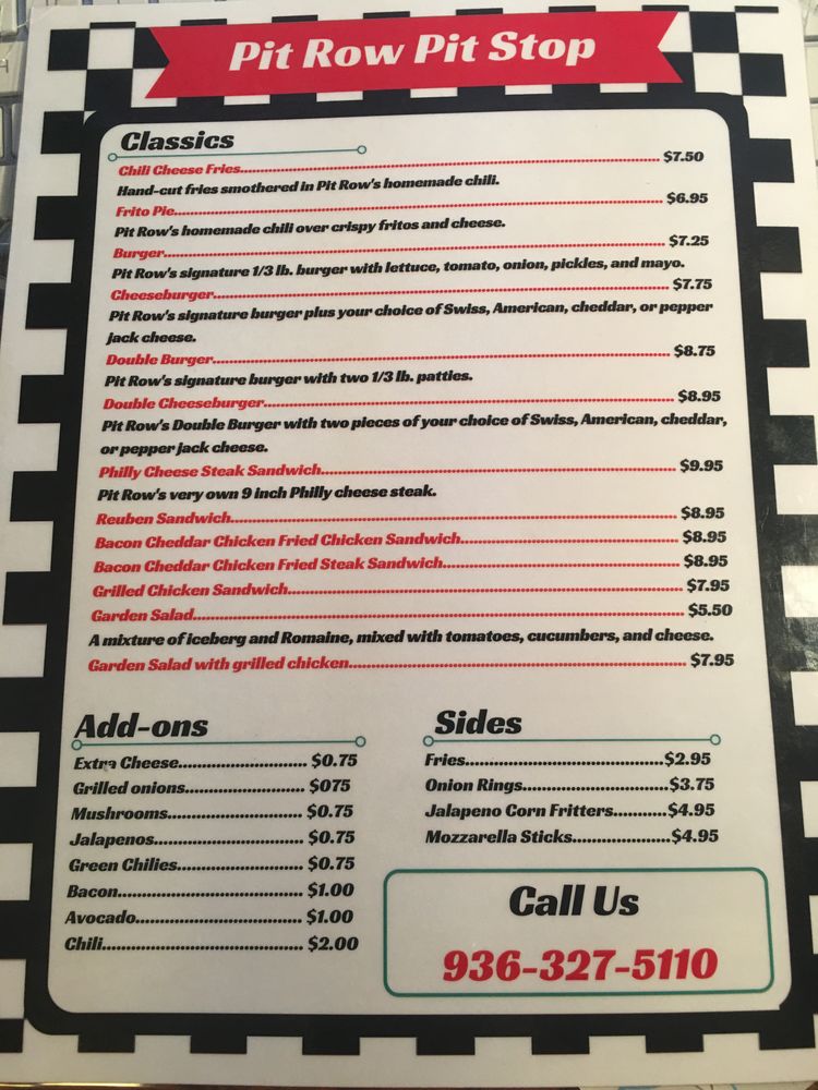 Online Menu of Pit Row Pit Stop Restaurant, Livingston, Texas, 77351 ...